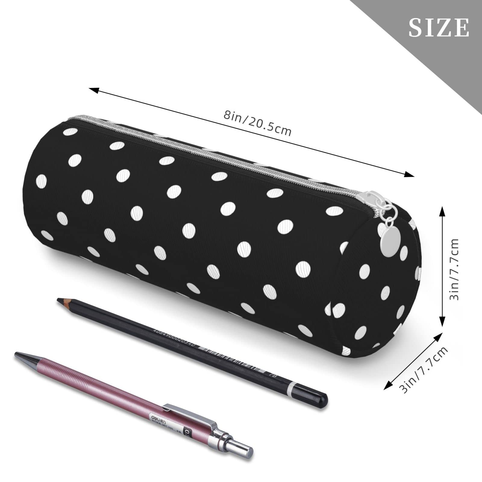 Ykklima Polka Dot Black and White Simple Pattern Leather Pencil Case Zipper Pen Makeup Cosmetic Holder Pouch Stationery Bag for School Work Office
