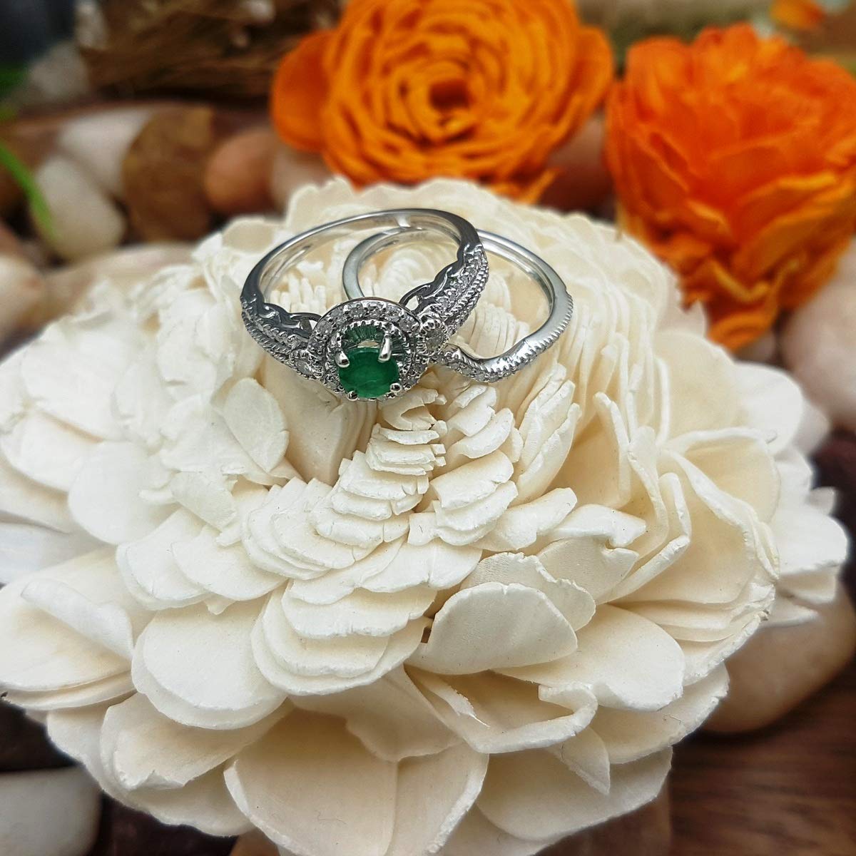 Dazzlingrock Collection 14k Round Emerald & White Diamond Women Halo Bridal Engagement Ring Set, White Gold, Size 5.5