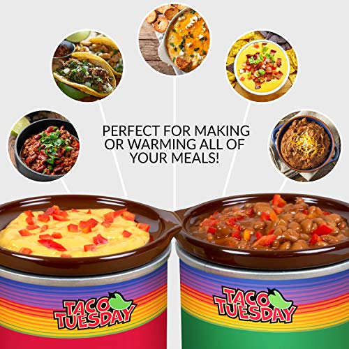 Nostalgia Taco Tuesday Two Mini Fiesta Dippers, 0.65 Qt. Capacity, Includes Lid, Perfect For Queso, Chili, Beans, Chicken, Beef, Red/Green