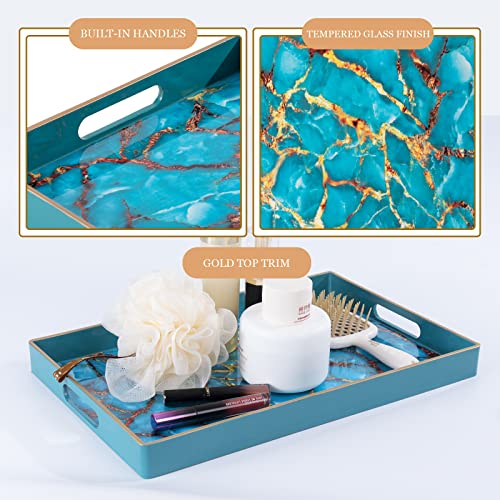 MAONAME Blue Decorative Tray, Plastic Serving Tray with Handles, Coffee Table Tray with Tempered Glass Film, Rectangle Ottoman Tray for Living Room, Bathroom, 15.7β x 10.2β