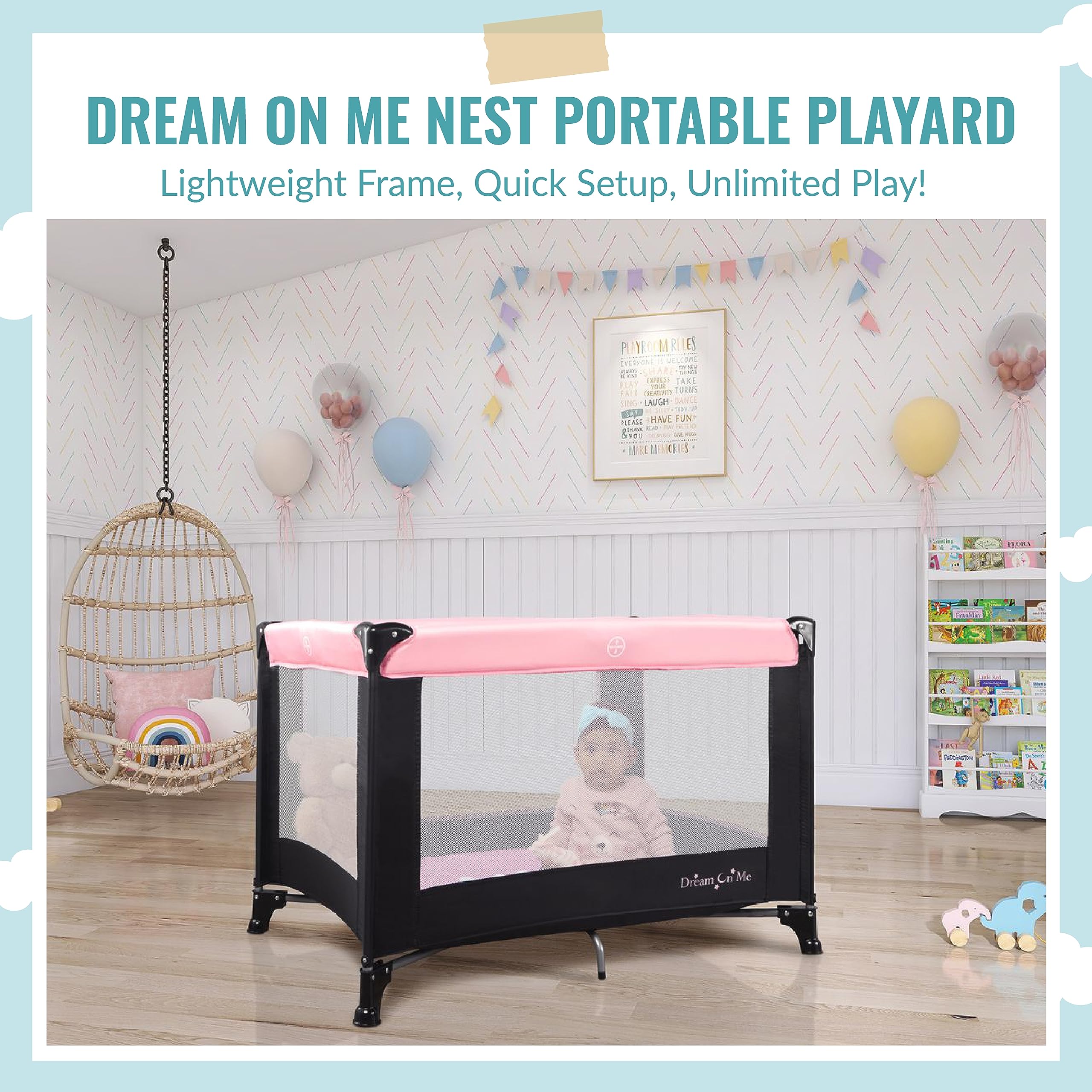 Dream On Me Nest Portable Play Yard with Carry Bag and Shoulder Strap, Pink