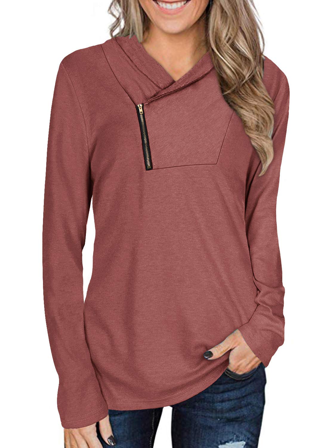 Cyanstyle Womens Casual Long Sleeve Cowl Neck Shirt Zipper Solid Sporty Sweatshirts Carmine Red Medium