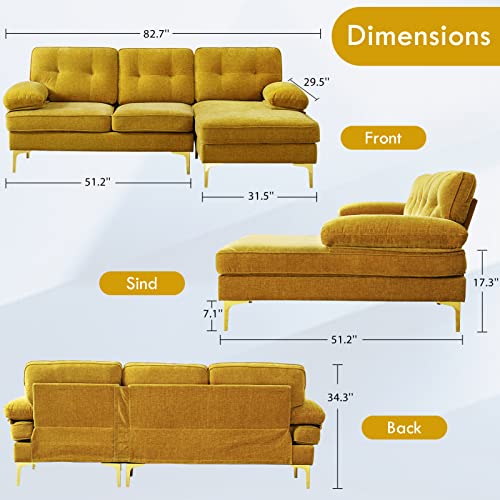 LANELIFE 79" W 3-Seat Sofa, L Shaped Sectional Sofa Bed,with Extra Wide Chaise Lounge and Gold Legs, Chenille Couch for Living Room, Apartment and Small Space (Golden)