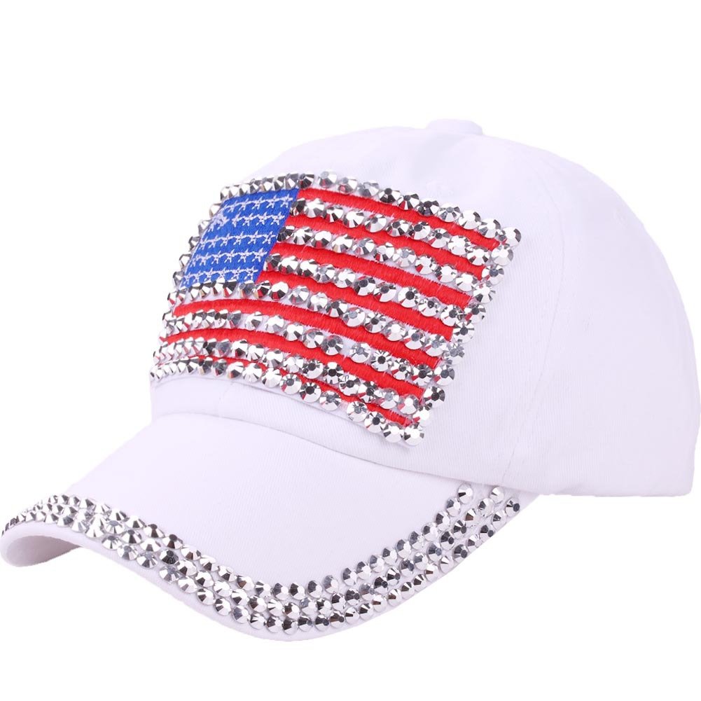 CRUOXIBB USA Bling Baseball Cap Sparkle American Flag Hat for Women Men Hip Hop Caps (White Cap a)