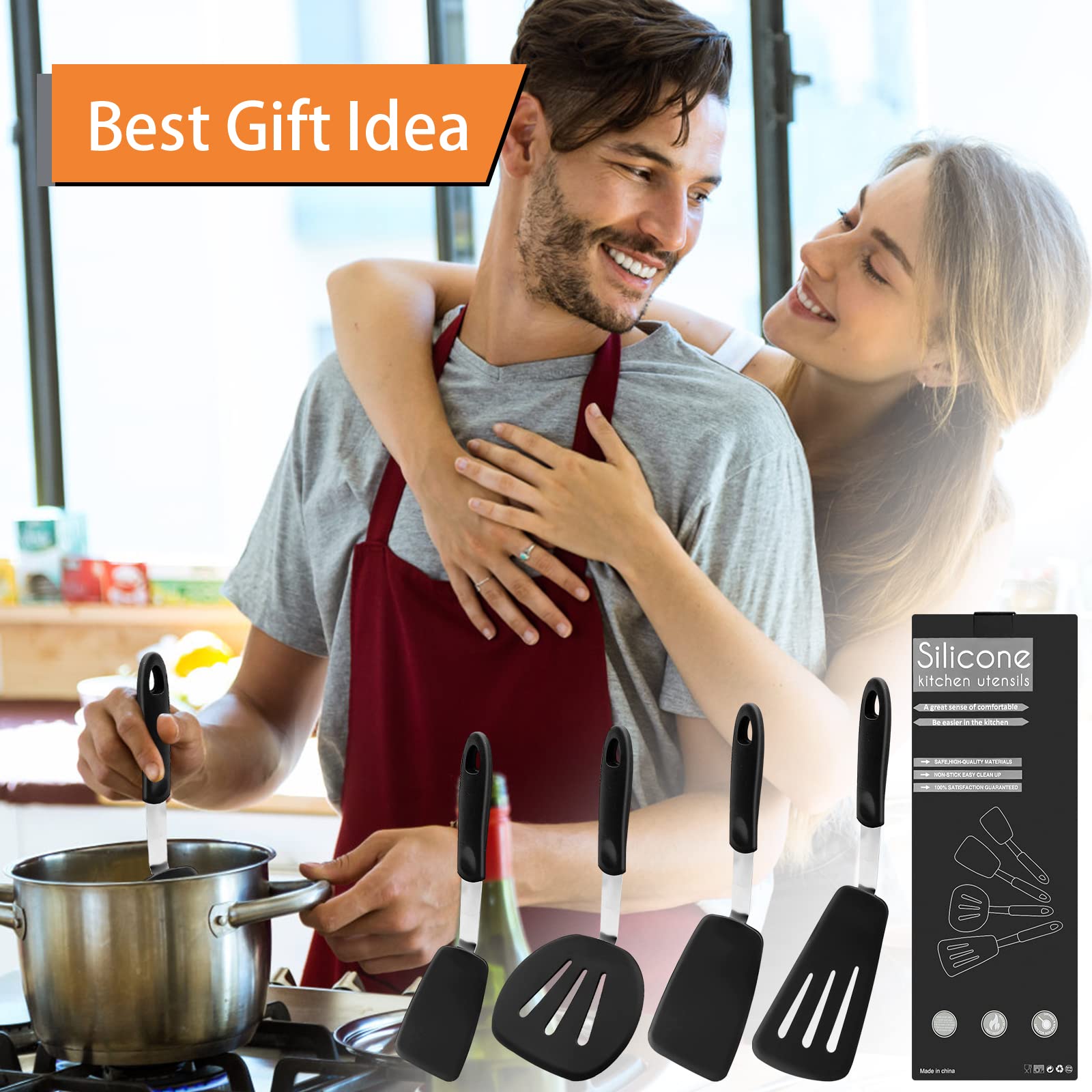 Daily Kitchen Utensil Set Silicone,Heat Resistant Cooking Utensils for Non Stick Cookware Spatula and Spoons Set Kitchen Tools for Baking Frying 4-Piece Set(Black)