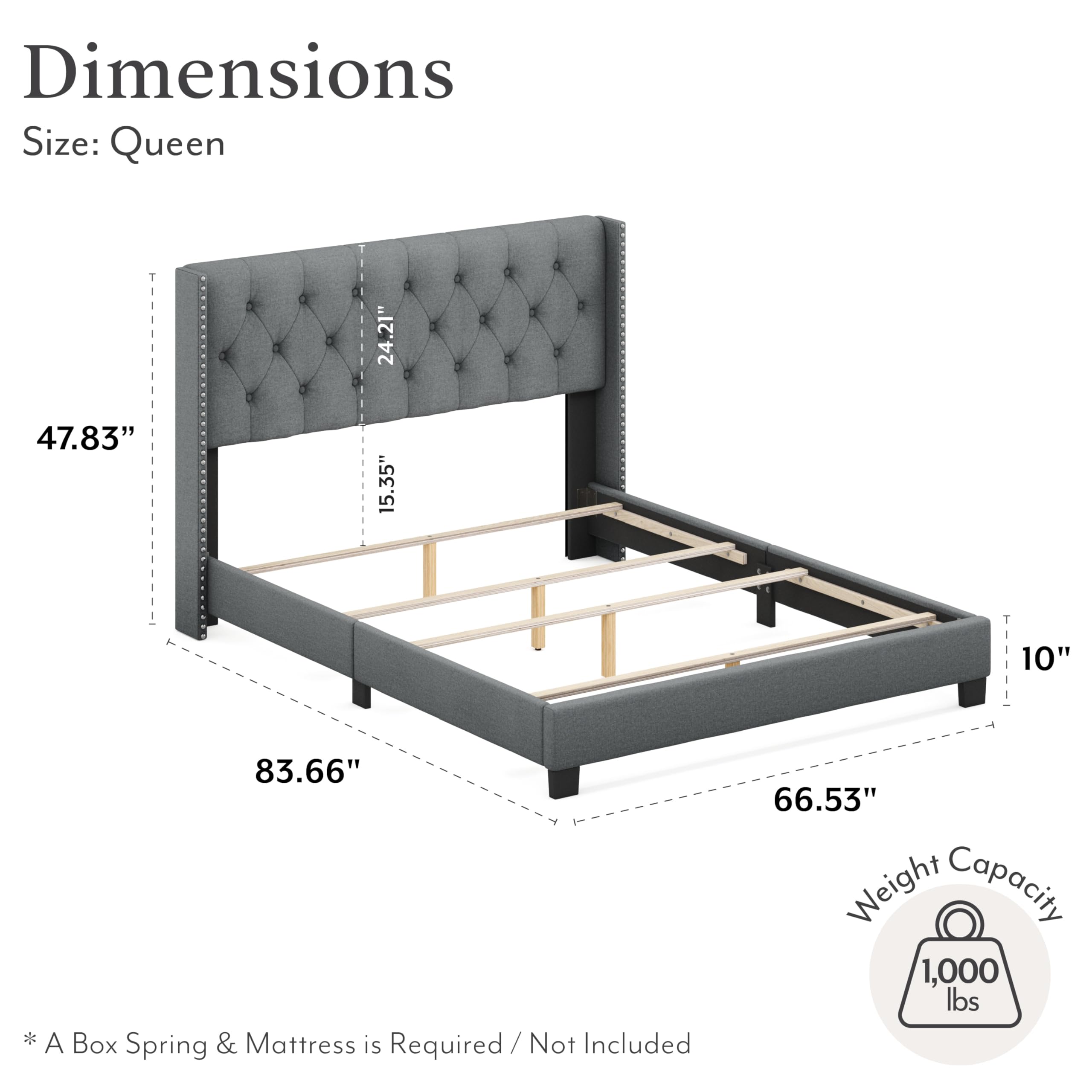 DG Casa Bardy Upholstered Panel Bed Frame with Diamond Tufted and Nailhead Trim Wingback Headboard, Queen Size in Gray Fabric