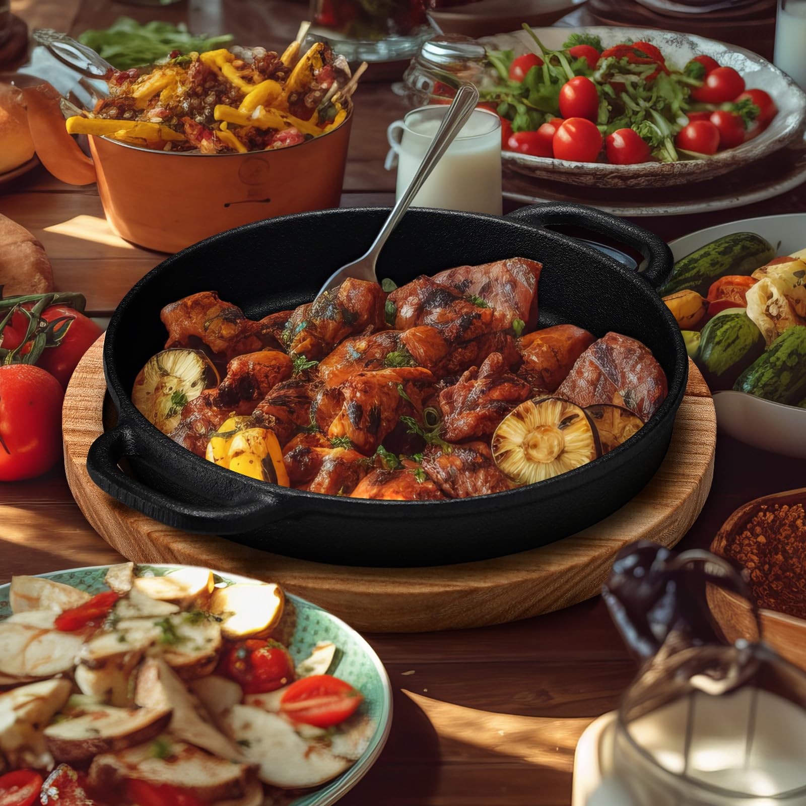 Jingmore 2 Pcs Cast Iron Fajita Skillet Pan 8 Inches Round Plate Sizzling Pan with Removable Handle and Trivet Cast Iron Frying Pan Nonstick Oven Safe Cookware, Pizza Oven and BBQ Accessories Black