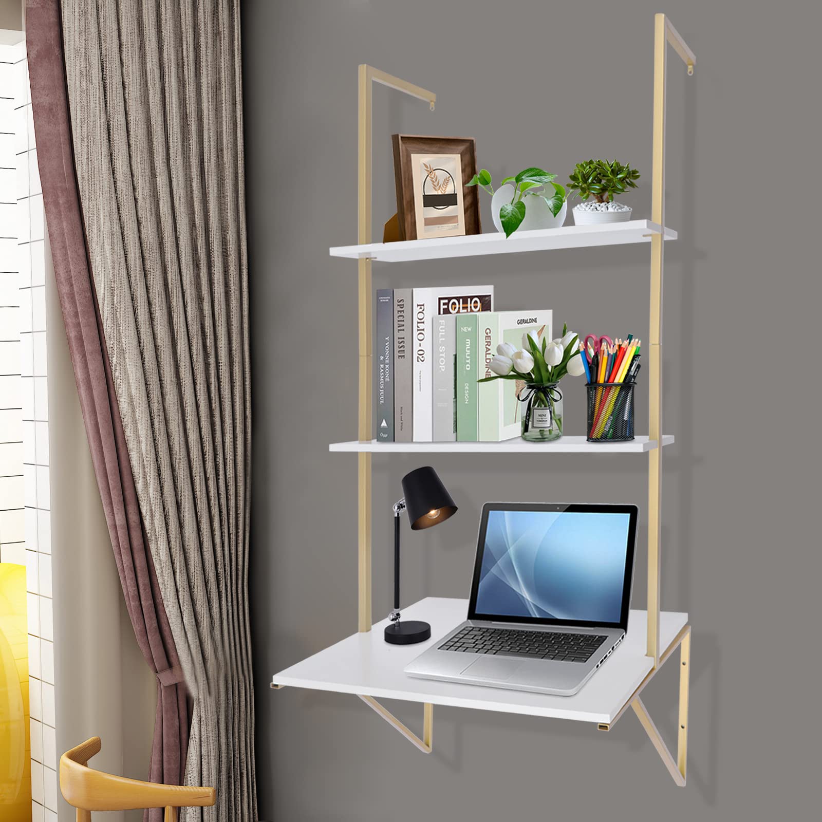 LUOSHALIYA 3 Tier Wall Mount Desk Computer Ladder Shelf Desk with Book Storage Shelves, Computer Desk for Small Space Home Office Table Bedroom Writing Study Work