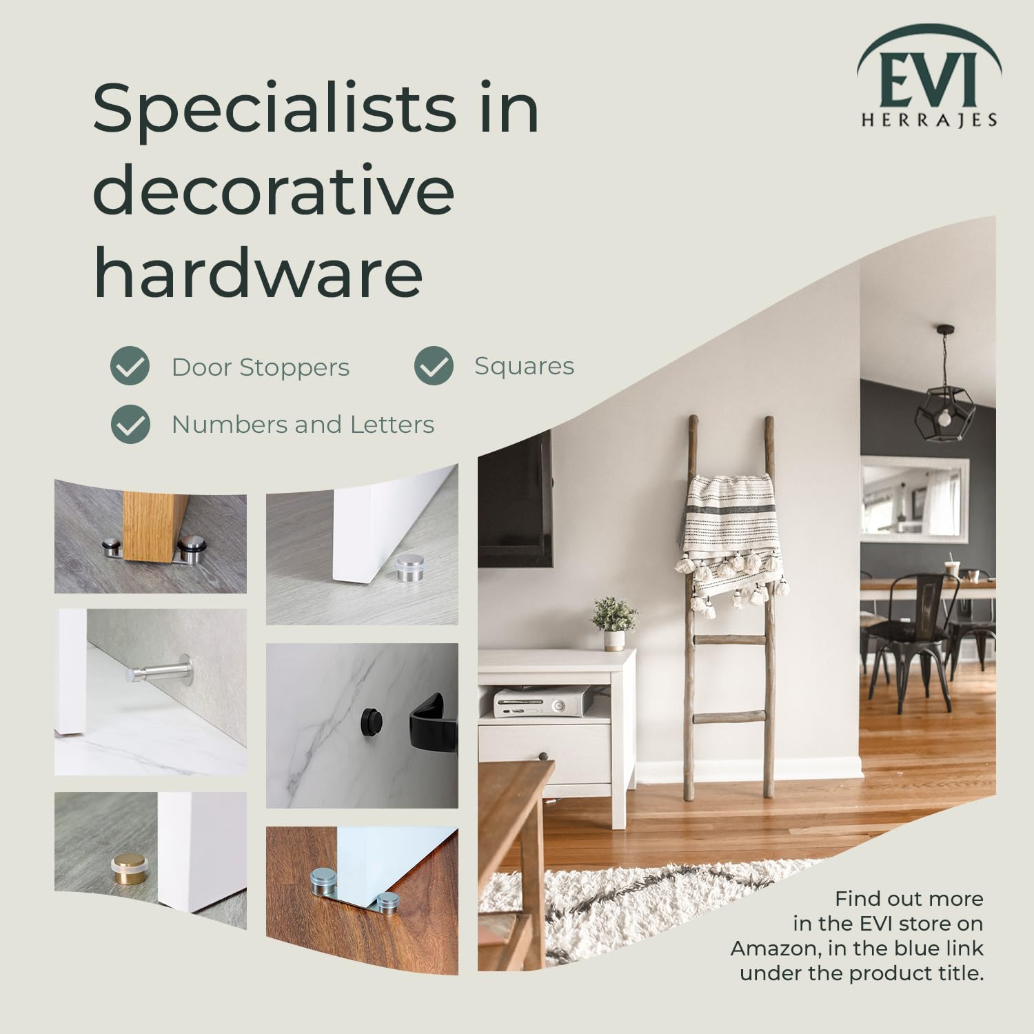 EVI | Wall/Handle Adhesive Doorstop | 0.9'' X 0.55'' | White Rubber | V2A Stainless Steel | Matte Finish | Includes Screw + Clamping Anchor | Mod. I-205/24