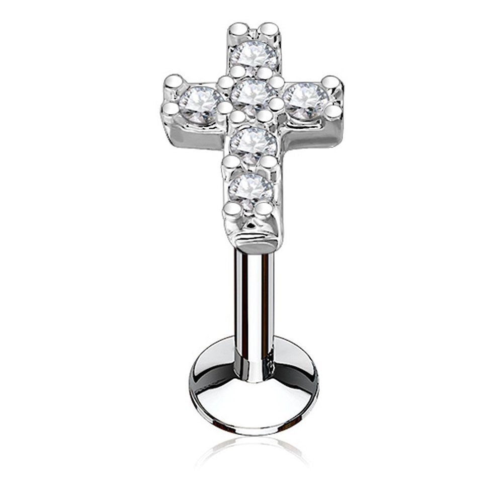 Covet Jewelry CZ Cross Top 316L Surgical Steel Internally Threaded Labret, Monroe, Cartilage Studs (16GA, Length: 6mm, Clear)