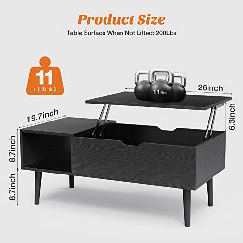 Sweetcrispy Coffee Table, Lift Top Coffee Tables for Living Room,Rising Tabletop Wood Dining Center Tables with Storage Shelf and Hidden Compartment (Black)