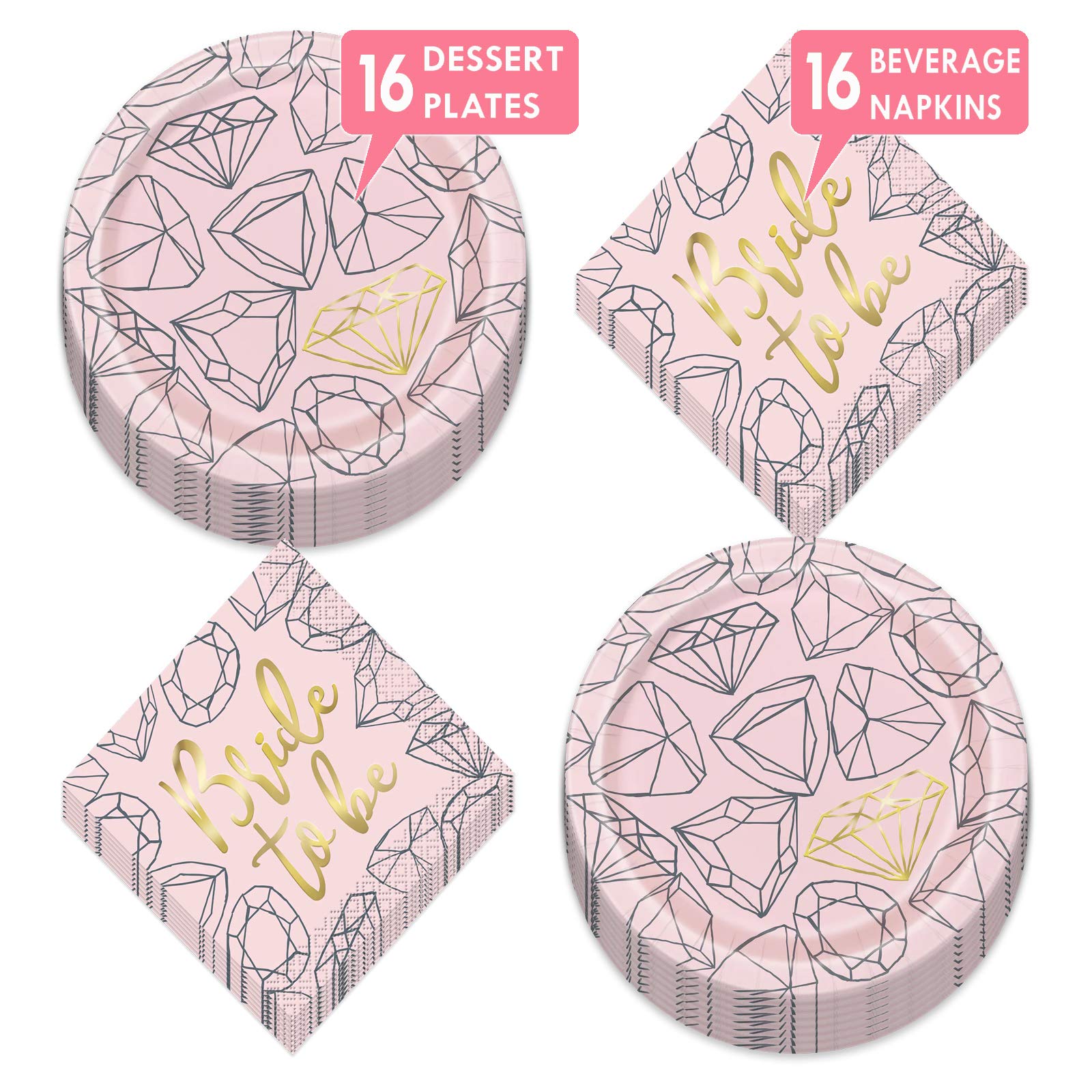Live It Up! Party Supplies Pink & Gold Diamond Bride to Be Paper Dessert Plates and Beverage Napkins (Serves 16)