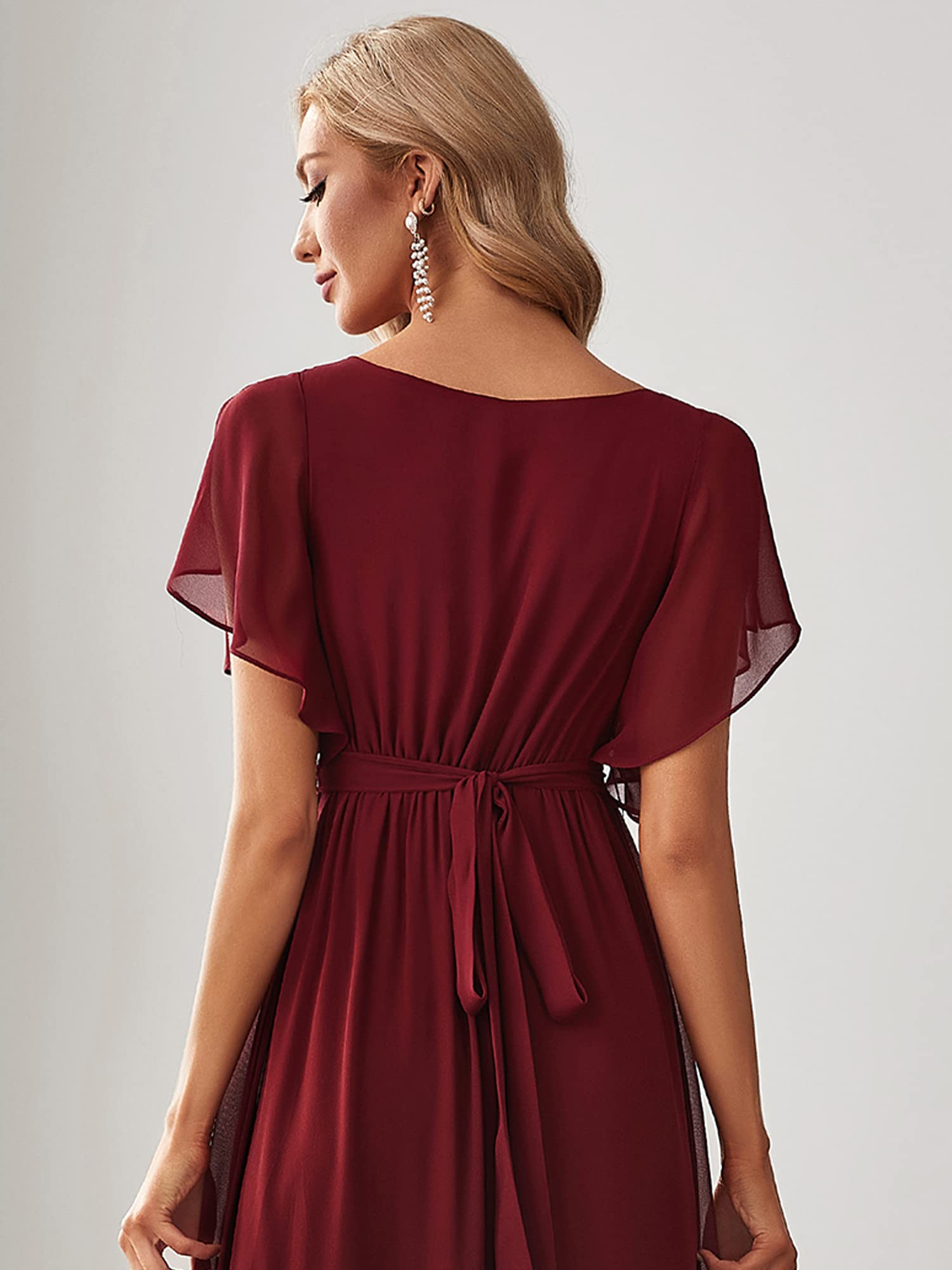 Ever-Pretty Women's Bridesmaid Dress V-Neck Ruffle Sleeves Ruched Bust Floor Length Chiffon Formal Dresses Burgundy US16