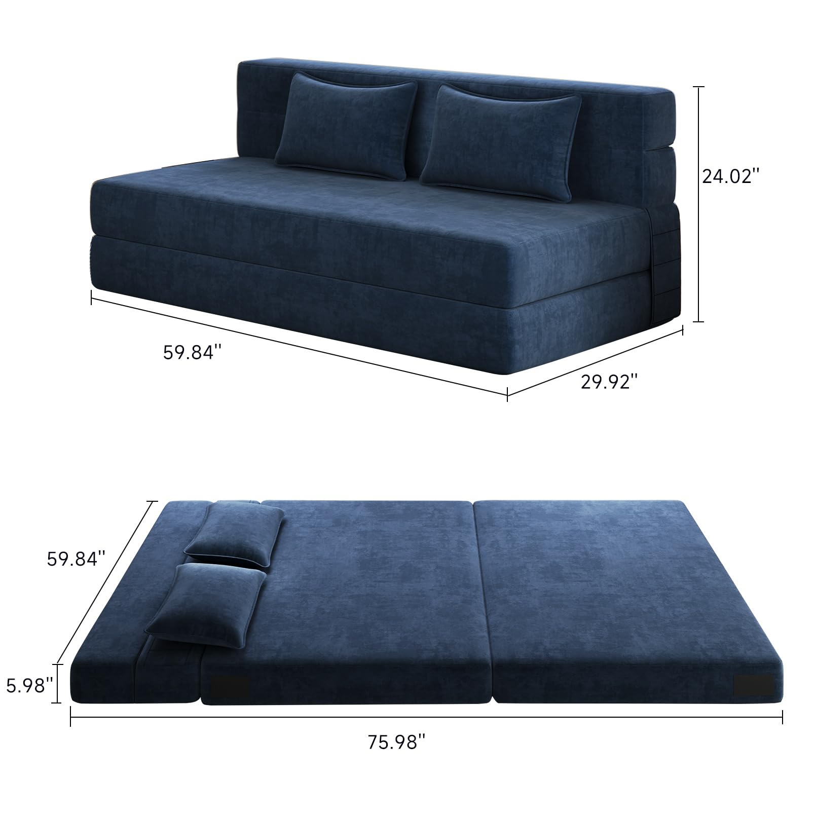 Luoxiao Folding Sofa Bed Queen with 2 Pillows, Foldable Sofa Bed for Travel, Camping, Guest, Futon Sleeper Chair Guest Bed with Breathable & Washable Cover, Convertible and Easy to Storage,NavyBlue