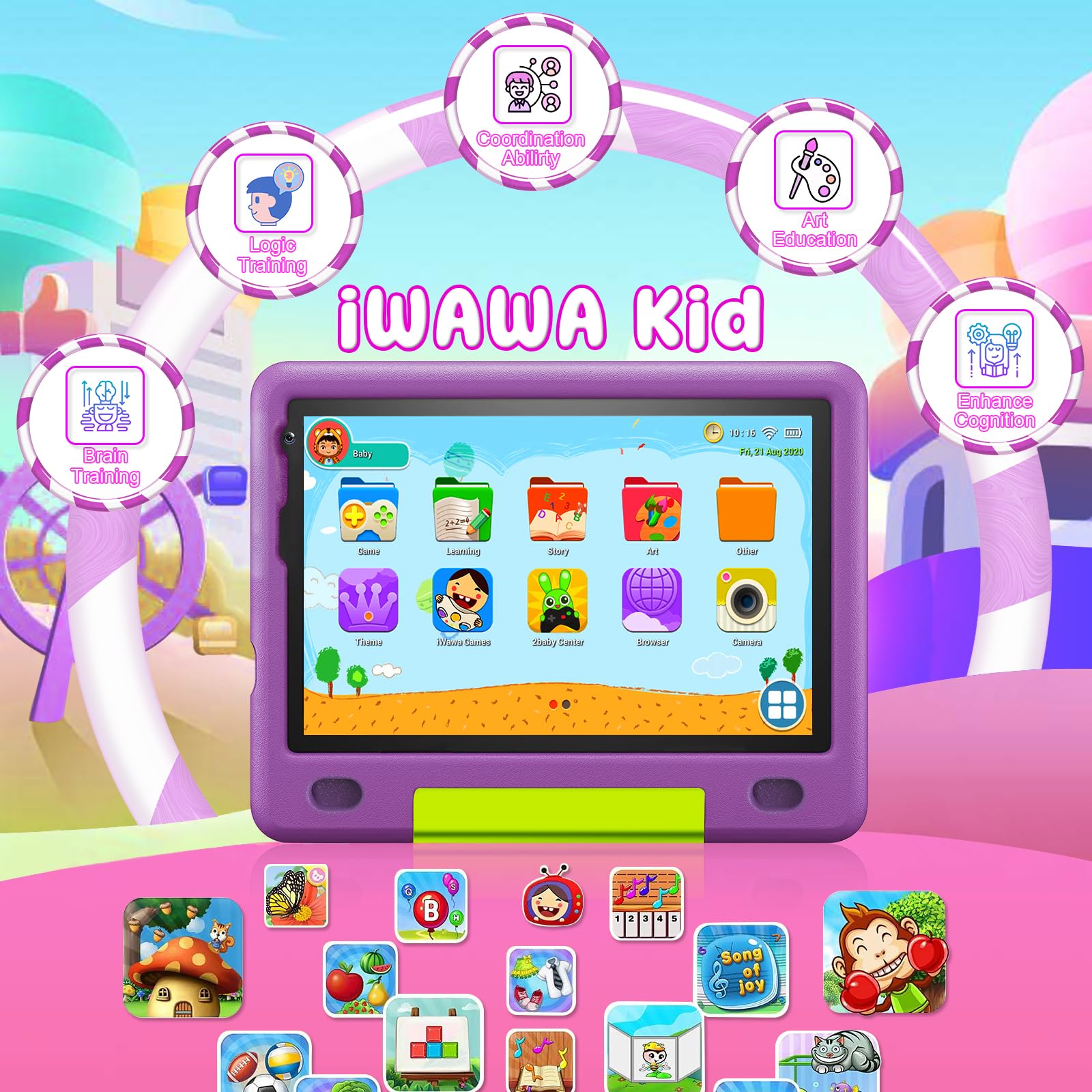 DUODUOGO 8 inch Kids Tablet Android 12 Tablet 8GB+128GB, Tablet for Kids with Parent Control & APP Preinstalled, Dual Camera, 5G/2.4G WiFi, Bluetooth, GPS, FM, Shock-Proof Case, Carry Bag (Purple)