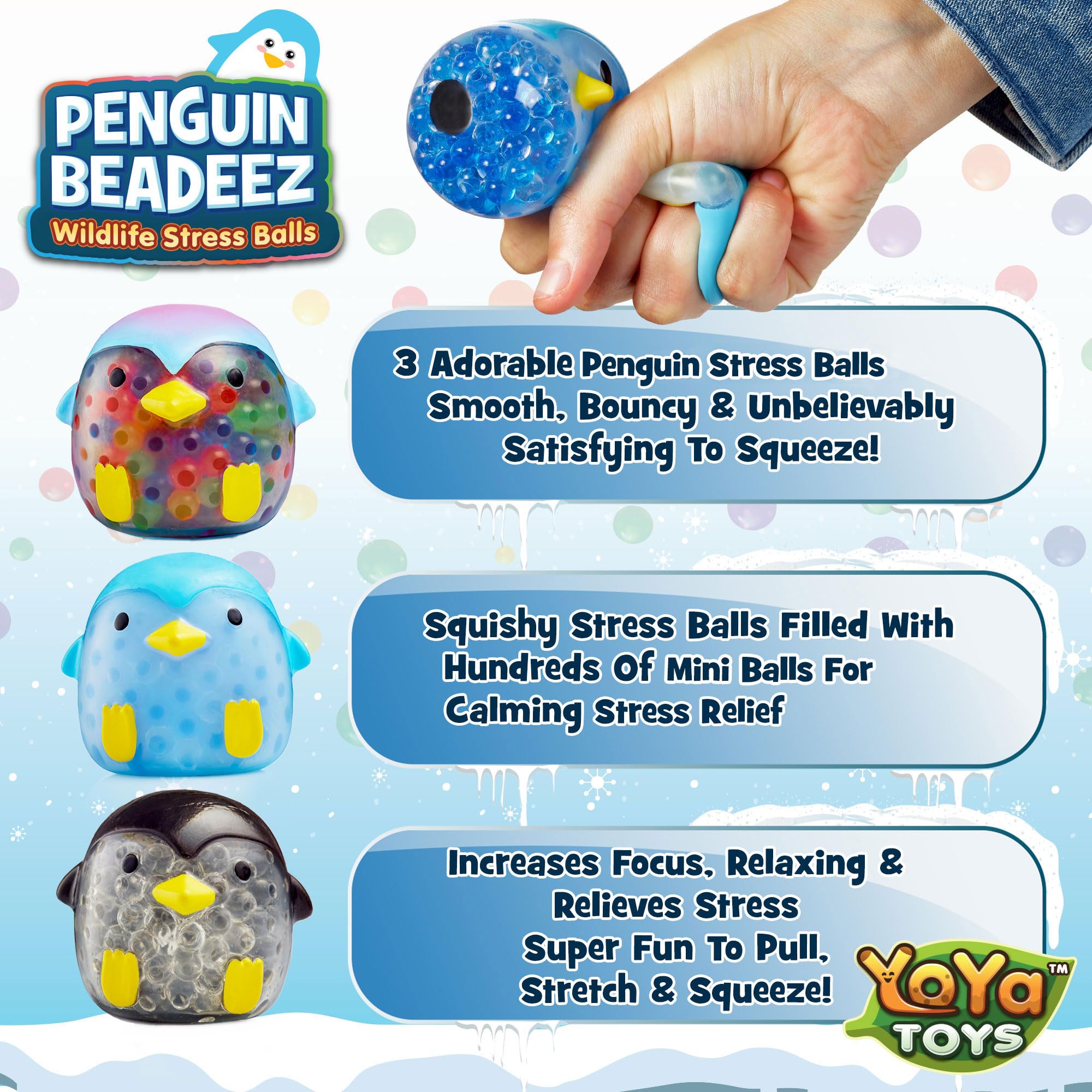 Penguin Stress Balls 3-Pack - Squishy Squeeze Fidget Ball Set for Stress Relief, Autism, ADHD - Cute Penguin Lovers Gift - Includes Blue, Black, Colorful Animal Squishies - Fun & Relaxing to Squish