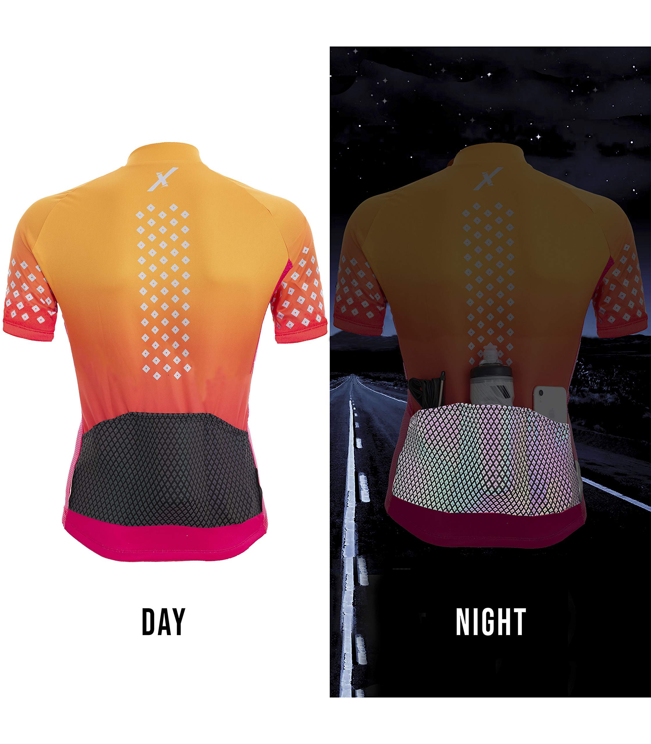 CHILLAX MODE Cycling Jersey High Visibility Shirts Short Sleeve, 3 Reflective Rear Pockets, Unisex (Pink and Orange, M)