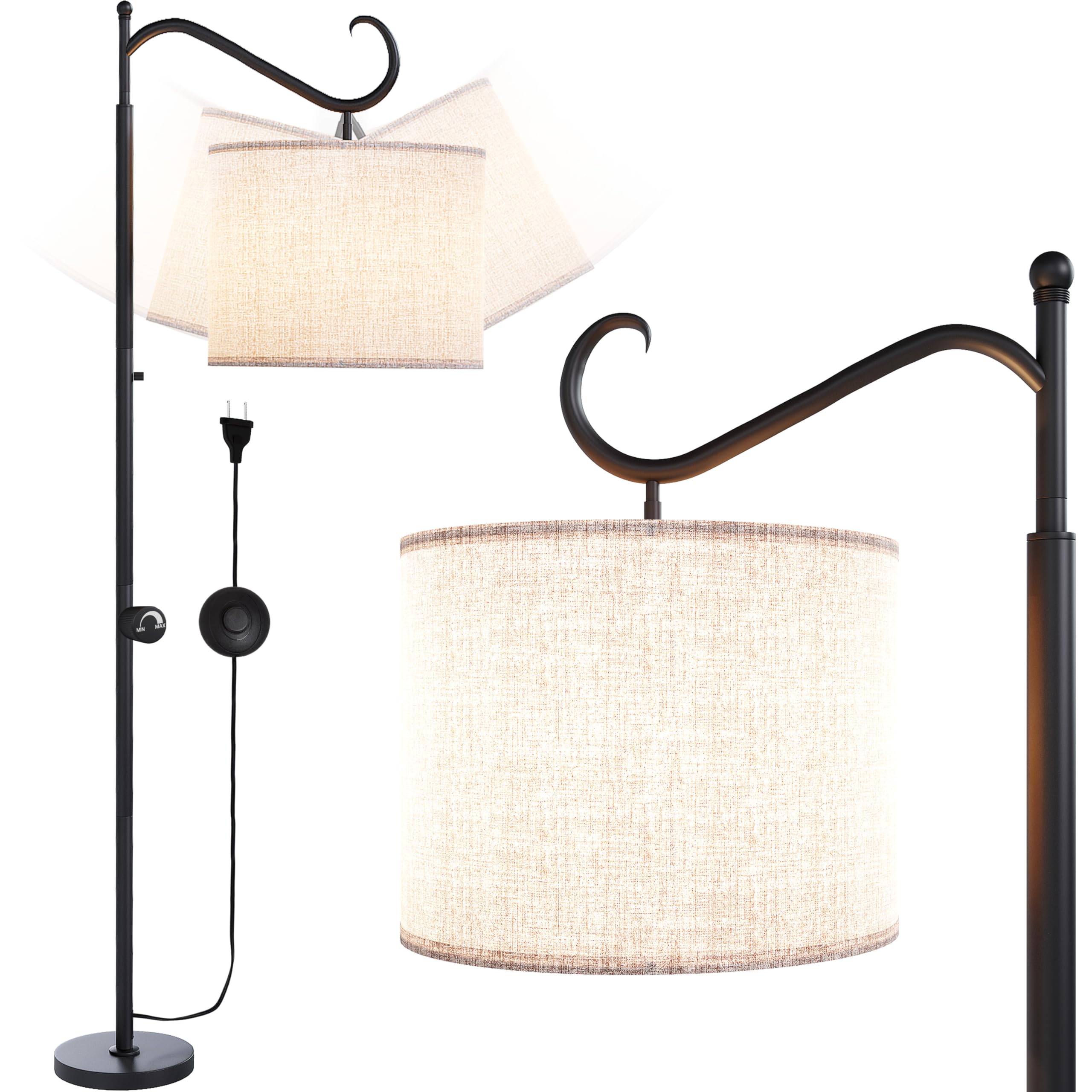 Dimmable Arc Floor Lamp - Standing Lamp with Dimmer for Living Room, Bedroom, Office - Black Arched Tall Lamp with Beige Linen Shade (LED Bulb Included)