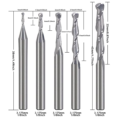HOZLY for Wood Working Set Diameter 1mm 1.5mm 2.0mm 2.5mm 3.175mm Carbide Ball Nose End Mill CNC Engraving Router Bits Milling Cutter