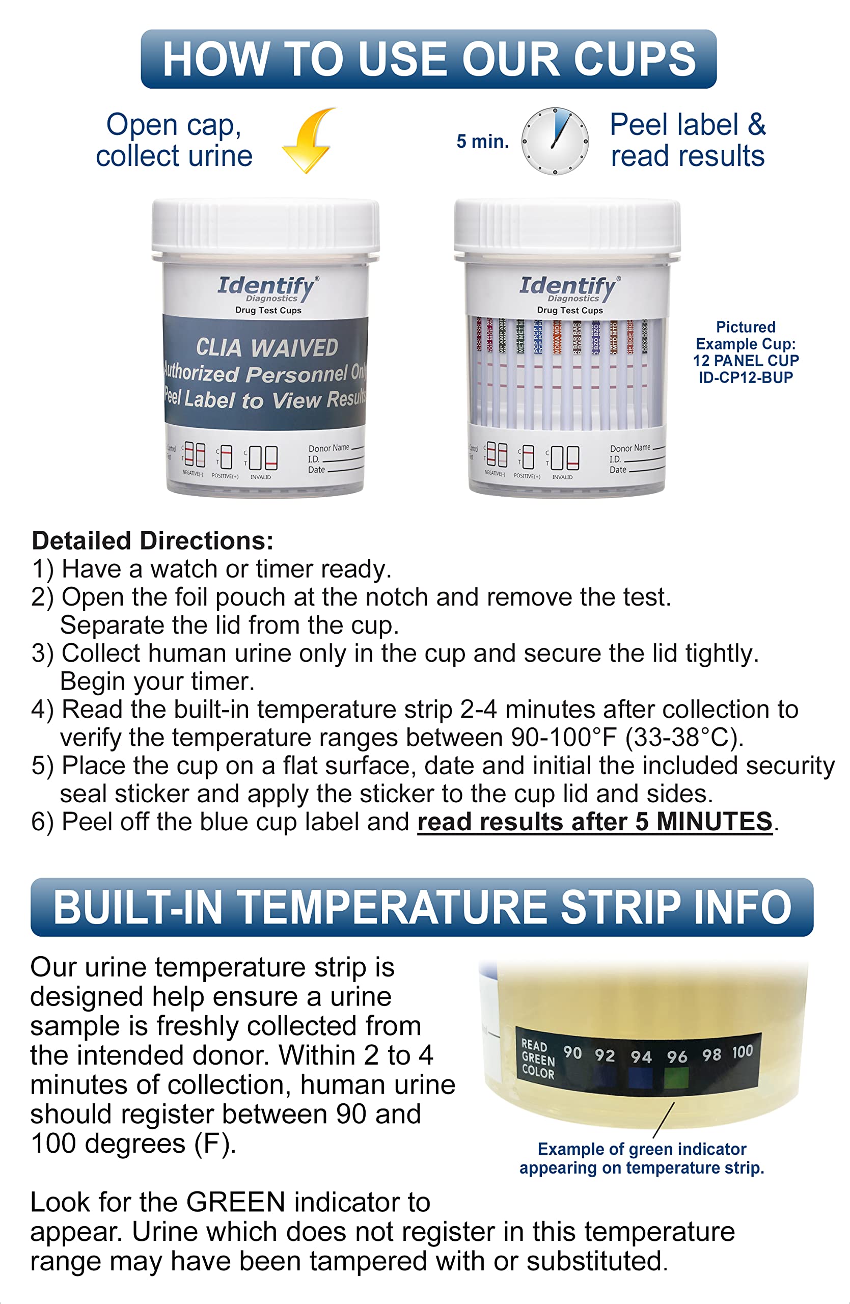 Identify Diagnostics Drug Test Cups - 25 Pack - 12 Panel CLIA Waived Instant Urine Drug Test Kit with 3 Adults for AMP,BAR,BUP,BZO,COC,MDMA,MET,MOP/OPI,MTD,OXY,PCP,THC