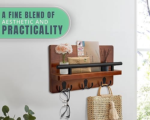 Comfify Natural Pine Wood Key Holder for Wall - Modern Decorative Finish with Metal Key Hooks and Mail Organizer/Sorter Slot - White