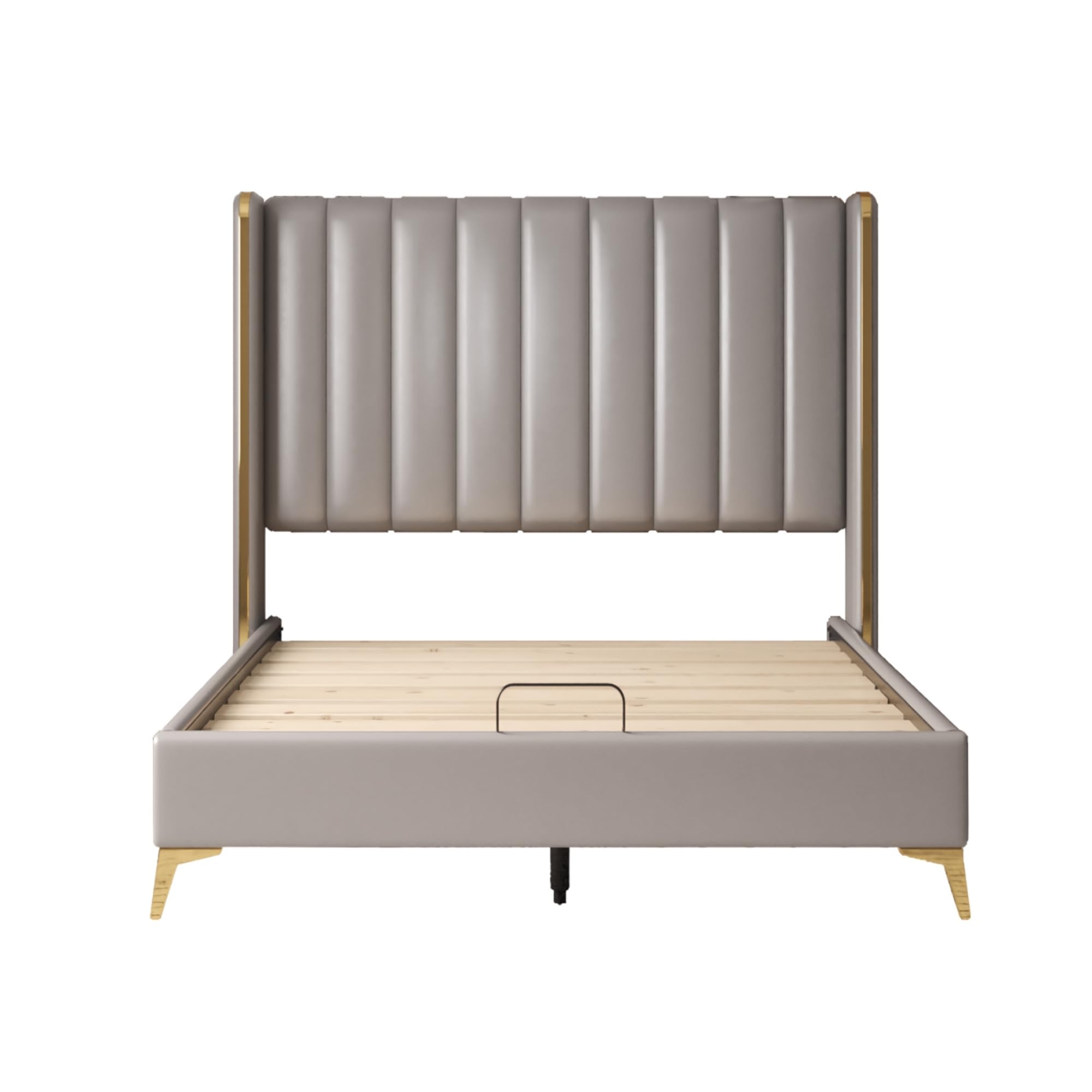 Channel Tufted Upholstered Platform Bed with Thickening Pinewooden Slats and Metal Leg, Queen Size Bed Frame with 56" Tall Headboard, Light Grey