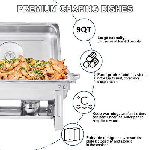 THXSUN 2-Pack 9QT Chafing Dish Buffet Set, Stainless Steel Full Size Chafers and Buffet Warmers Sets, Foldable Chafing Dishes with Pan, Lid, Frame, Fuel Holder for Catering Party Banquet (Upgrade)