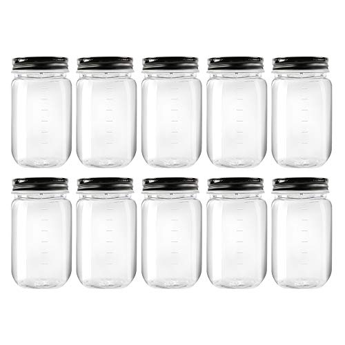 novelinks 16 Ounce Clear Plastic Jars with Black Lids - Refillable Round Clear Containers Clear Jars Storage Containers for Kitchen & Household Storage - BPA Free (10 Pack)