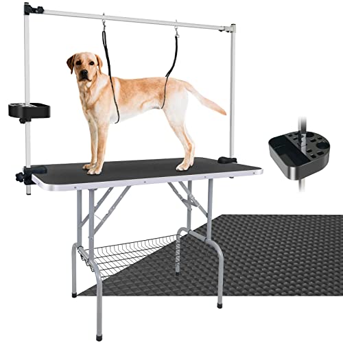 LEIBOU 45'' Professional Foldable Heavy Duty Dog Pet Grooming Table with Tool Holder H-Shape Arm & Noose & Mesh Tray, Maximum Capacity Up to 260lbs, Black