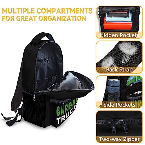 Mercuryelf Just a Boy Who Loves Garbage Trucks Backpack for Student, 16 Inch Black Backpacks for School, Cool Lightweight Bookbag for Kids
