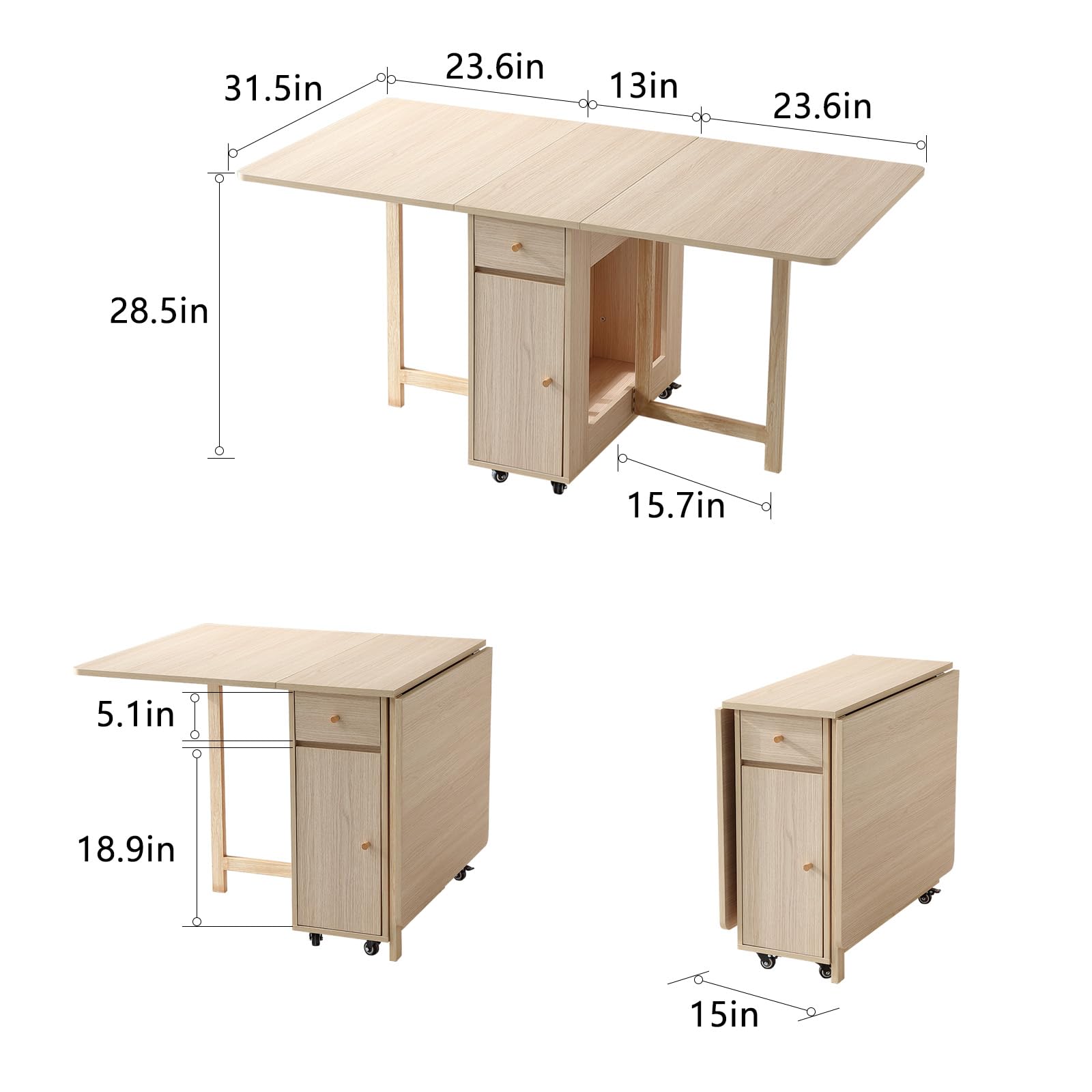 COMUHOME Wood Drop Leaf Folding Dining Table with 2 Drawers and 4 Wheels, Wood Folding Chair Set of 2, Space Saving Dining Set for Living Room, Kitchen and Office