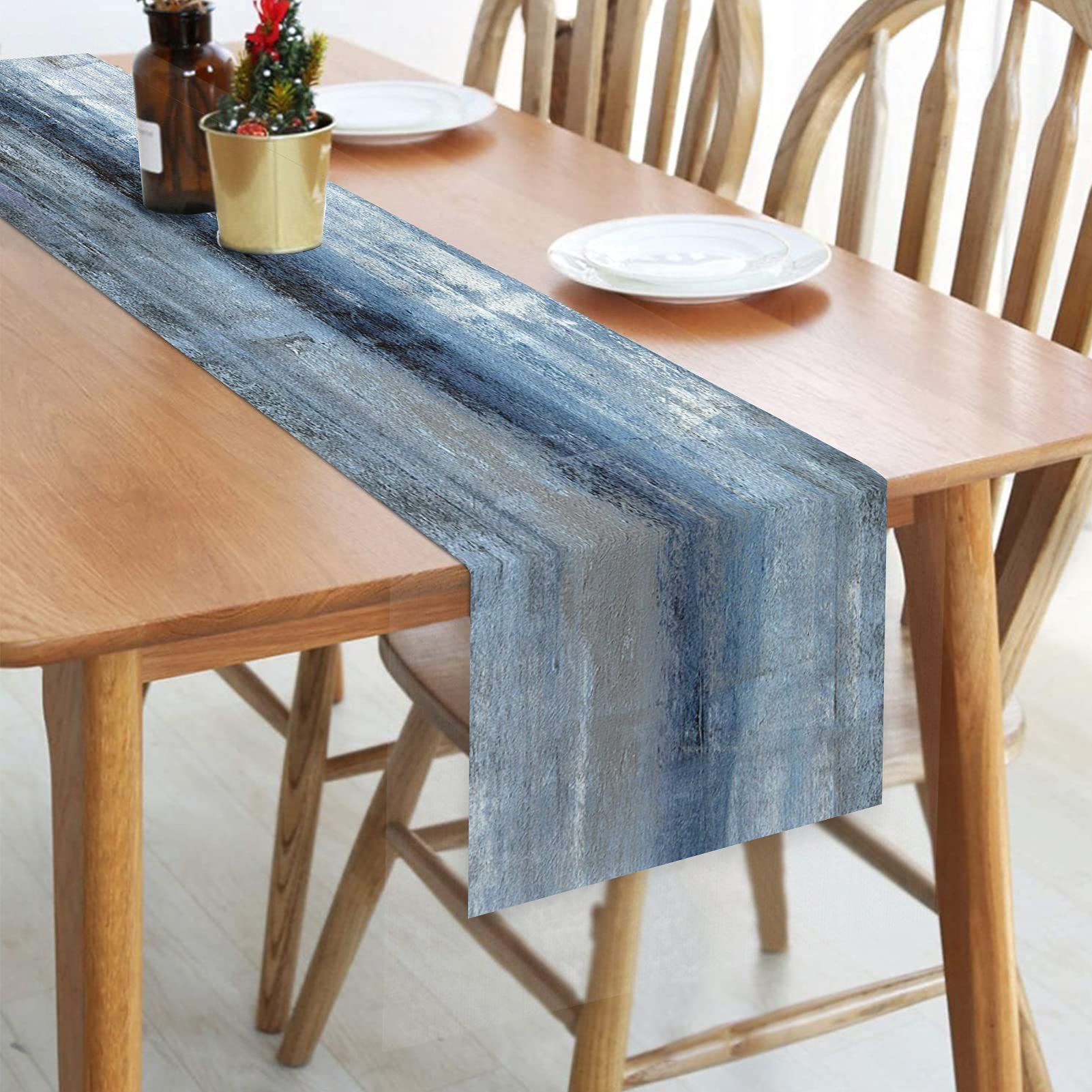Emvency Farmhouse Style Table Runner, Abstract Art Painting Denim Blue Table Runners for Kitchen Coffee Table Family Dinners Holiday Parties Wedding Events Decor(13x72 inch)