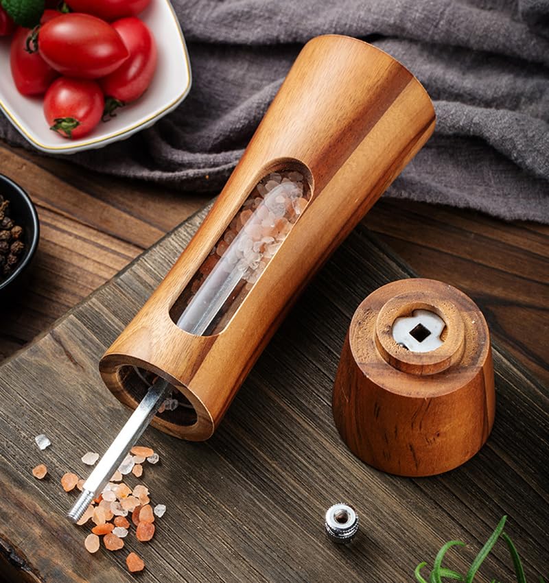 Ousyaah Salt and Pepper Grinder Set (2 Pack), Manual Wooden Salt and Pepper Shakers with Adjustable Ceramic Core and Visible Acrylic Window, Refillable Salt & Pepper Mill Set | Adjustable Coarseness
