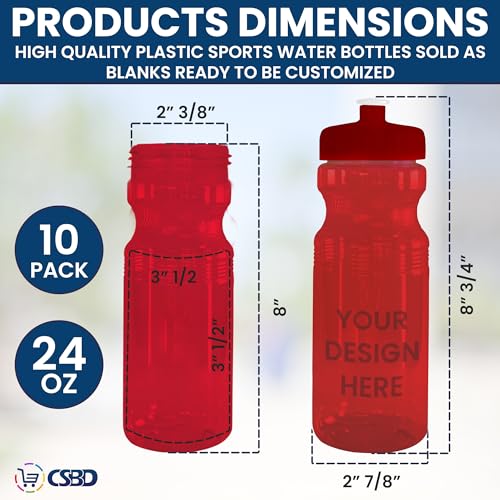 CSBD 24 oz. Bulk Water Bottles, 10 Pack, Made in USA, Blank Plastic Reusable Water Bottles for Gym, Cycling, BPA Free, Plastic Water Bottles Pull Top Cap for Sports, Translucent Red