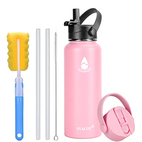 SYACOT 32 oz 40 oz 64 oz Stainless Steel Water Bottle, Insulated Double Wall Vacuum Leak Proof Water Flask, Metal Thermo Canteen Mug āWide Mouth with 2 Straw Lids (40 oz, Pink)