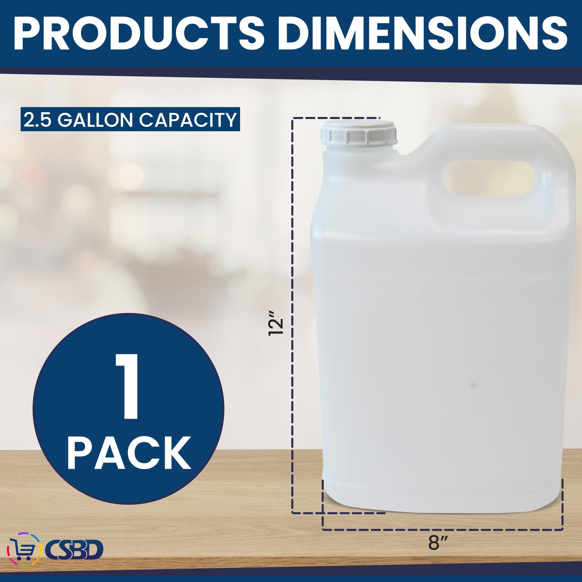 CSBD F-Style Plastic Jug with Child Resistant Lid, Storage Containers with Ergonomic Handle, HDPE Construction for Residential or Commercial Use (2.5 Gallon, Natural)