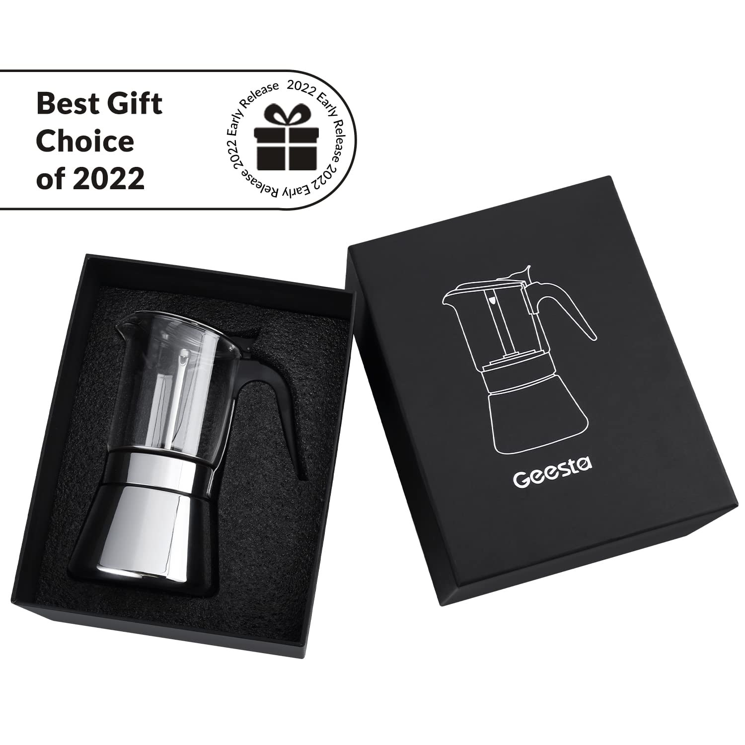 GEESTA Premium Crystal Glass-Top Stovetop Espresso Moka Pot - 4 / 6/ 9 Cups Stainless Steel Coffee Maker- 240ml/8.5oz/6 cup (espresso cup=40ml)