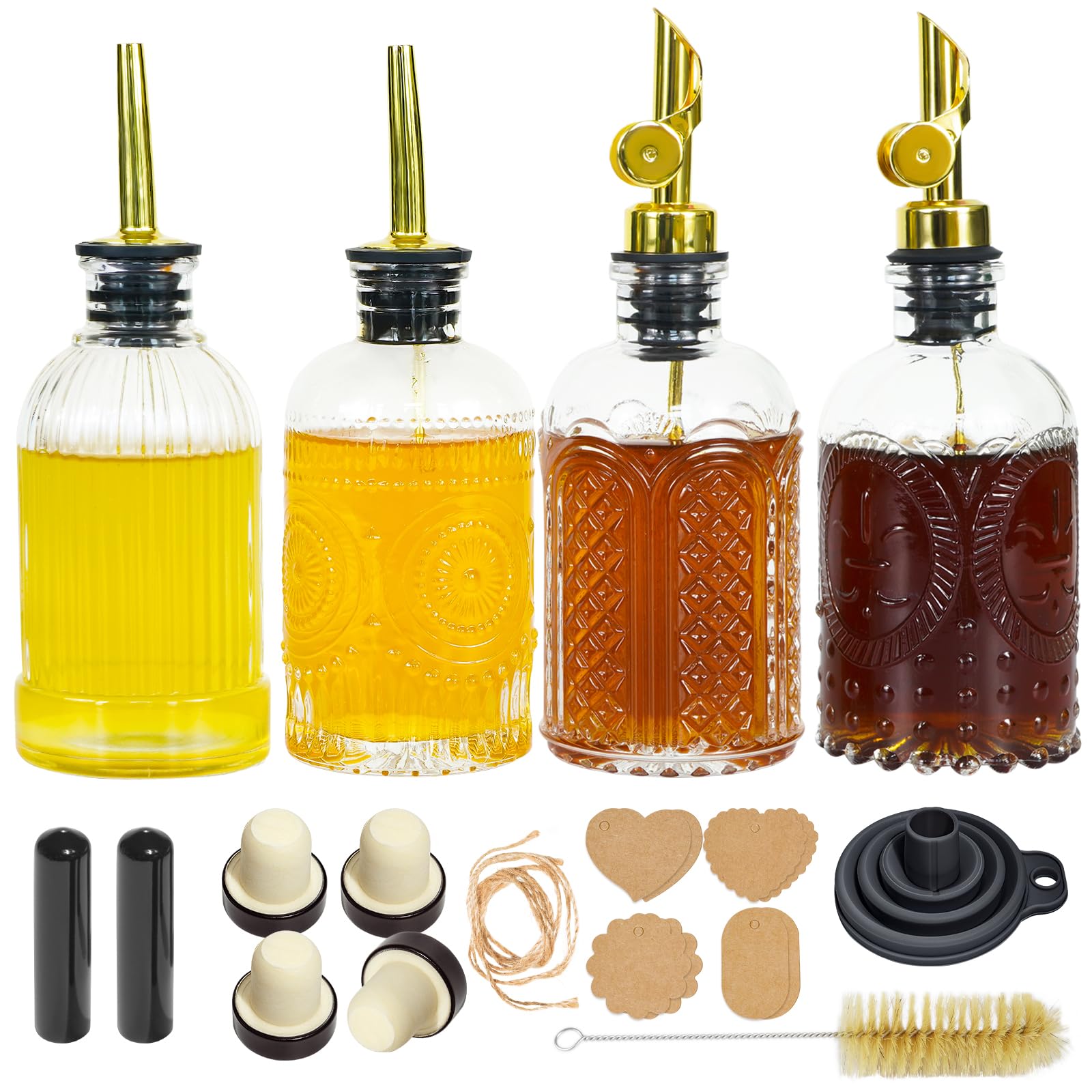 Coffee Syrup Dispenser Bottles Set 4 Pcs, 7oz/200ml Coffee Bar Accessories with Metal Pour Spout, Simple Syrup Bottles for Coffee Syrups, Honey, Condiments, Olive Oil, with Label, Funnel, Cork, Brush