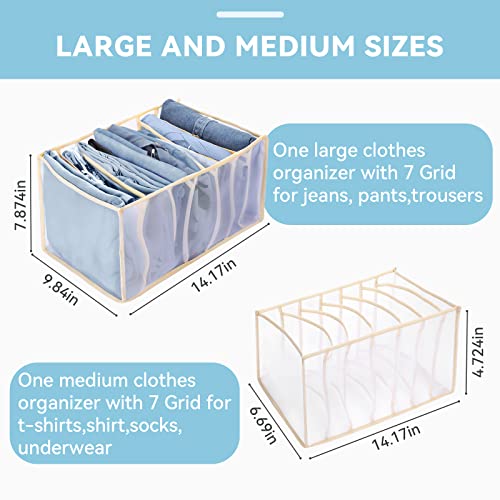 HIPTIS Wardrobe Clothes Organizer, 2PCS Closet Drawer Organizer for Closet, Mesh Clothes Storage Organizer 7Grids for Thin Jeans, T-shirts, Underwear, Socks, Scarves, Leggings, Skirts 1L+1M