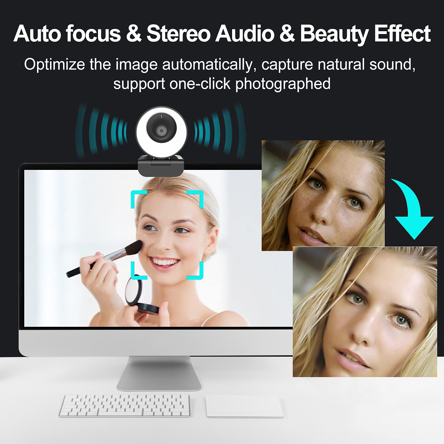 COSHIP 1080P 60FPS Webcam for PC, with Microphone, 2024 Computer Camera with Ring Light, Privacy Cover, Advanced Auto-Focus, Adjustable Brightness, Streaming Web Camera for Zoom Skype