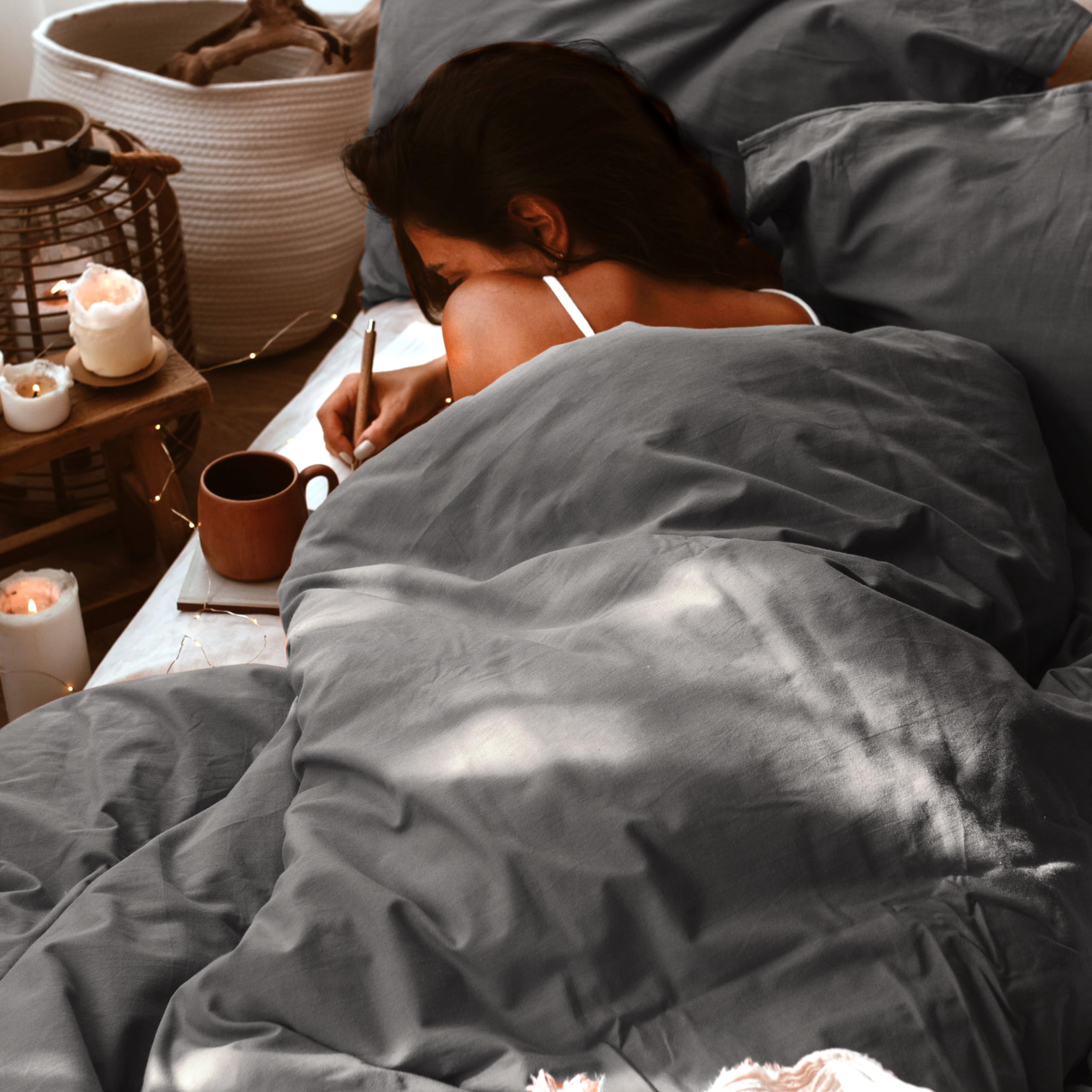 Lavien Home, 0 Washed Cotton Duvet Cover Set Grey Queen Size, Linen Like Luxury Soft Bedding with 2 Pillow Shams Buttons Closure (Queen, 90"x90")