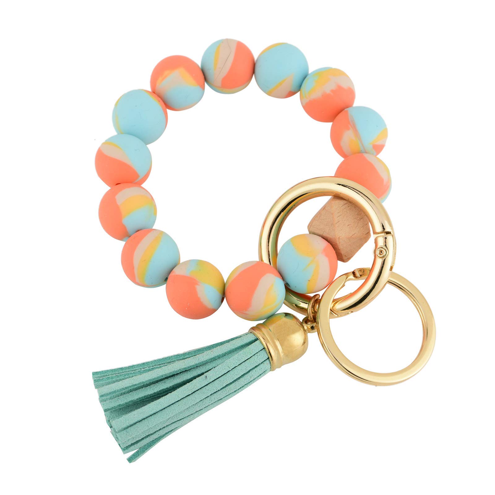 Coolcos Silicone Key Ring Bracelet for Women Portable Keychain Holder, Car Keychain Elastic Beaded Wristlet with Tassel (rainbow colorful)