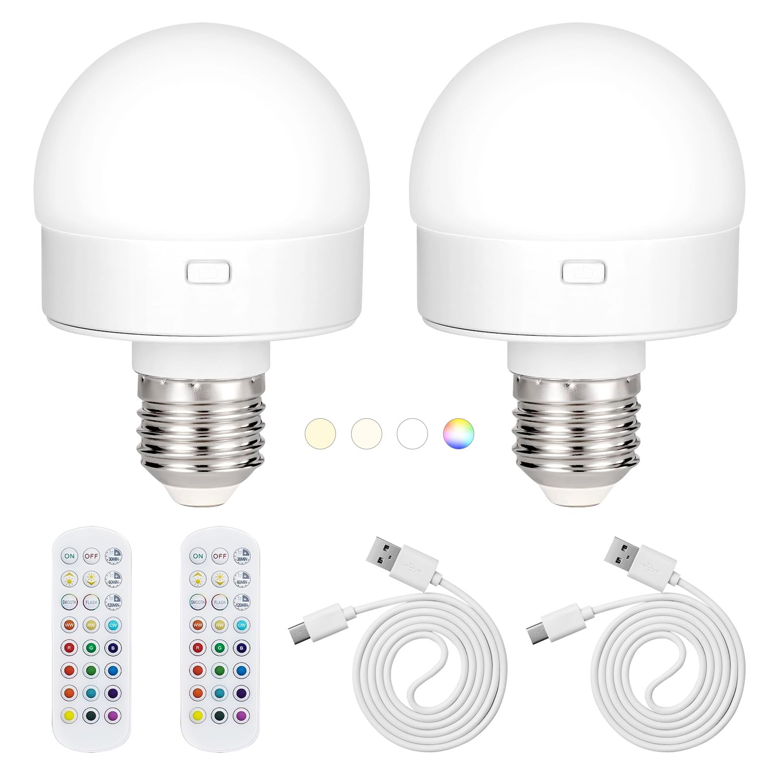 JIOODICH. 2 Pack Rechargeable Battery Operated Light Bulb with Remote Control,Cordless Dimmable LED Bulb with 3 Timer Settings, 15 Colors Selectable, Wireless Puck Light Bulb for Wall Sconce