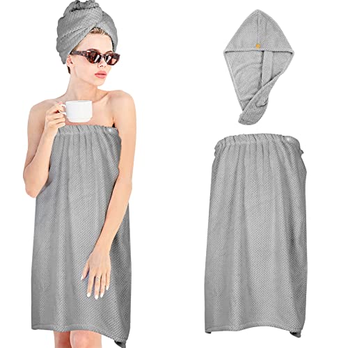 TOCOHO Women Microfiber Bath Wrap Towel and Hair Drying Towel - Adjustable Soft Body Wraps Dress with Hair Towel, Super Absorbent to Quick Drying Hair and Body (Grey)