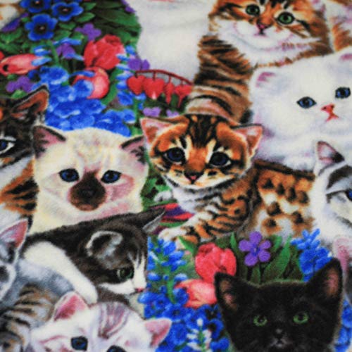 Kittens & Flowers Anti-Pill Premium Fleece Fabric by The Yard