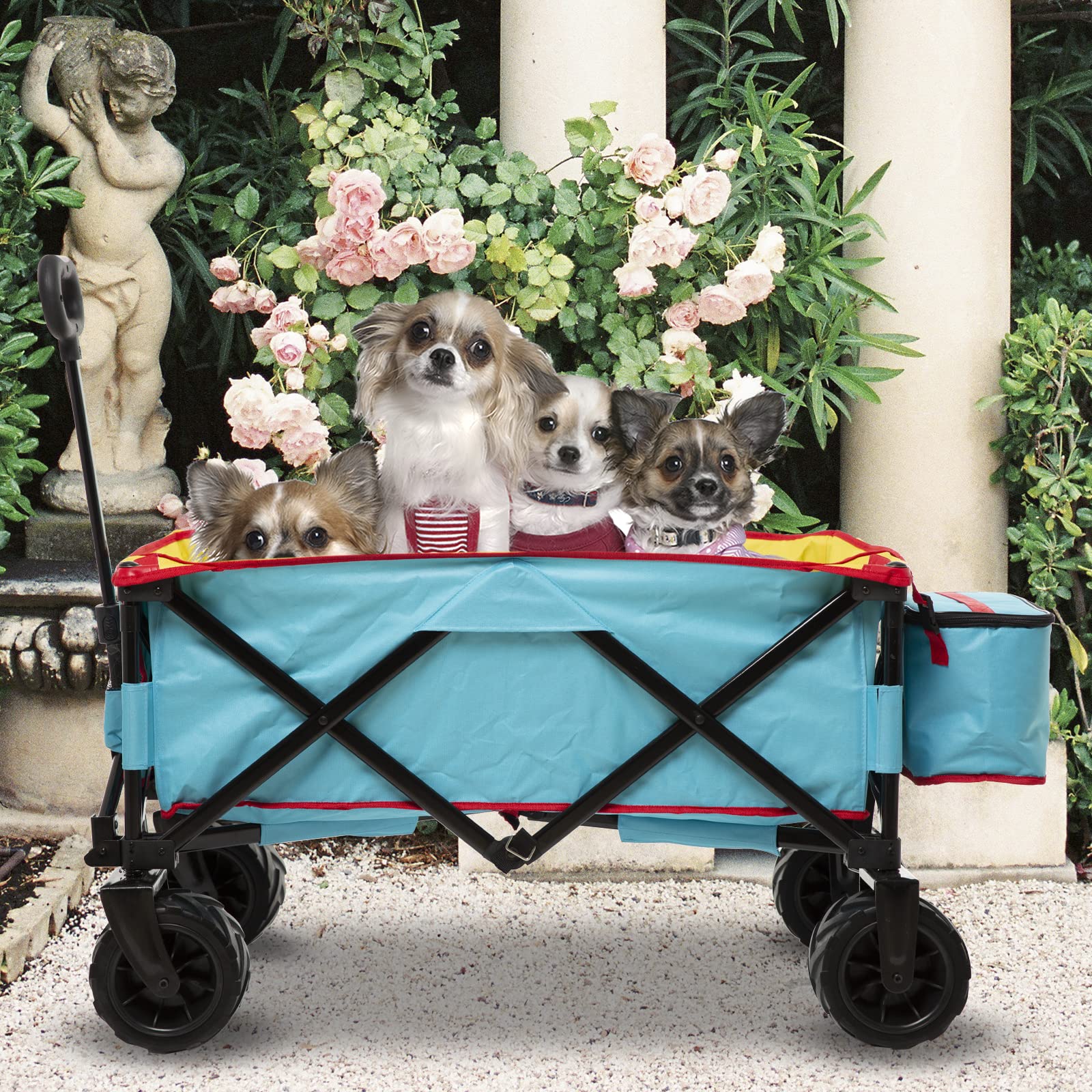 CharaVector Folding Wagon Cart,Beach Wagon with Big Wheels for Sand, Cooler Bag, Cup Holders and Side Bag, Collapsible Beach Wagon for Shopping, Camping, Garden
