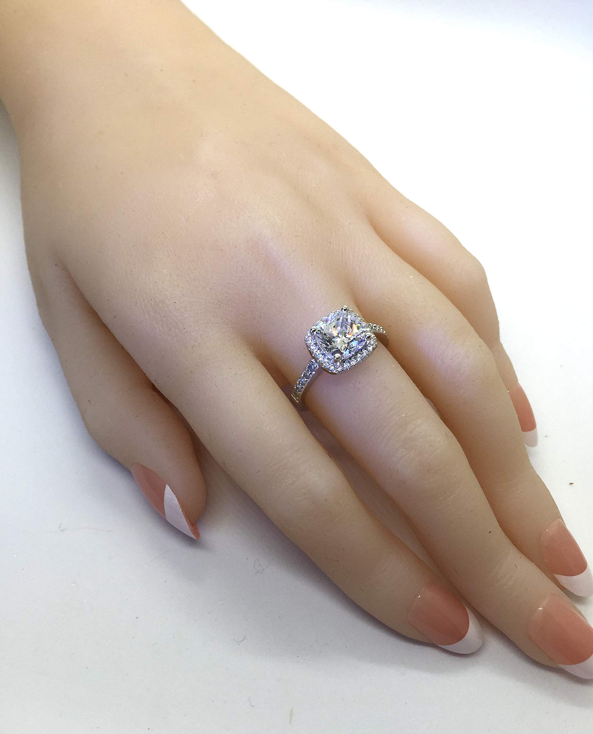 Diamonbella 101 Facets 2 Carat Princess Cushion Cut NSCD Simulated Diamond Ring Double Band Set 925 Silver Platinum Plated Halo (7)