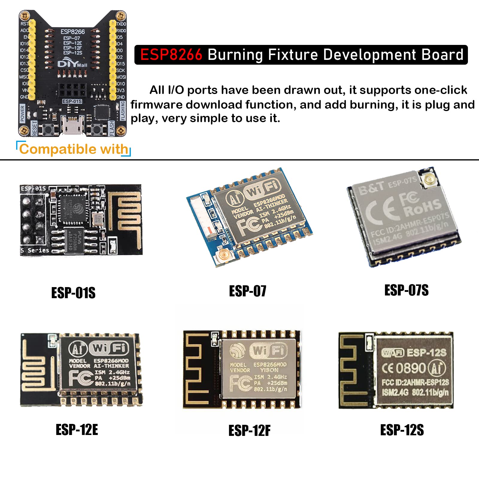 Geekstory ESP8266 Burning Fixture Development Board Micro USB interface Test Board Flash Downloader, Easy Programer Compatible with ESP-01S ESP-07 ESP-07S ESP-12E ESP-12F ESP-12S ESP-F