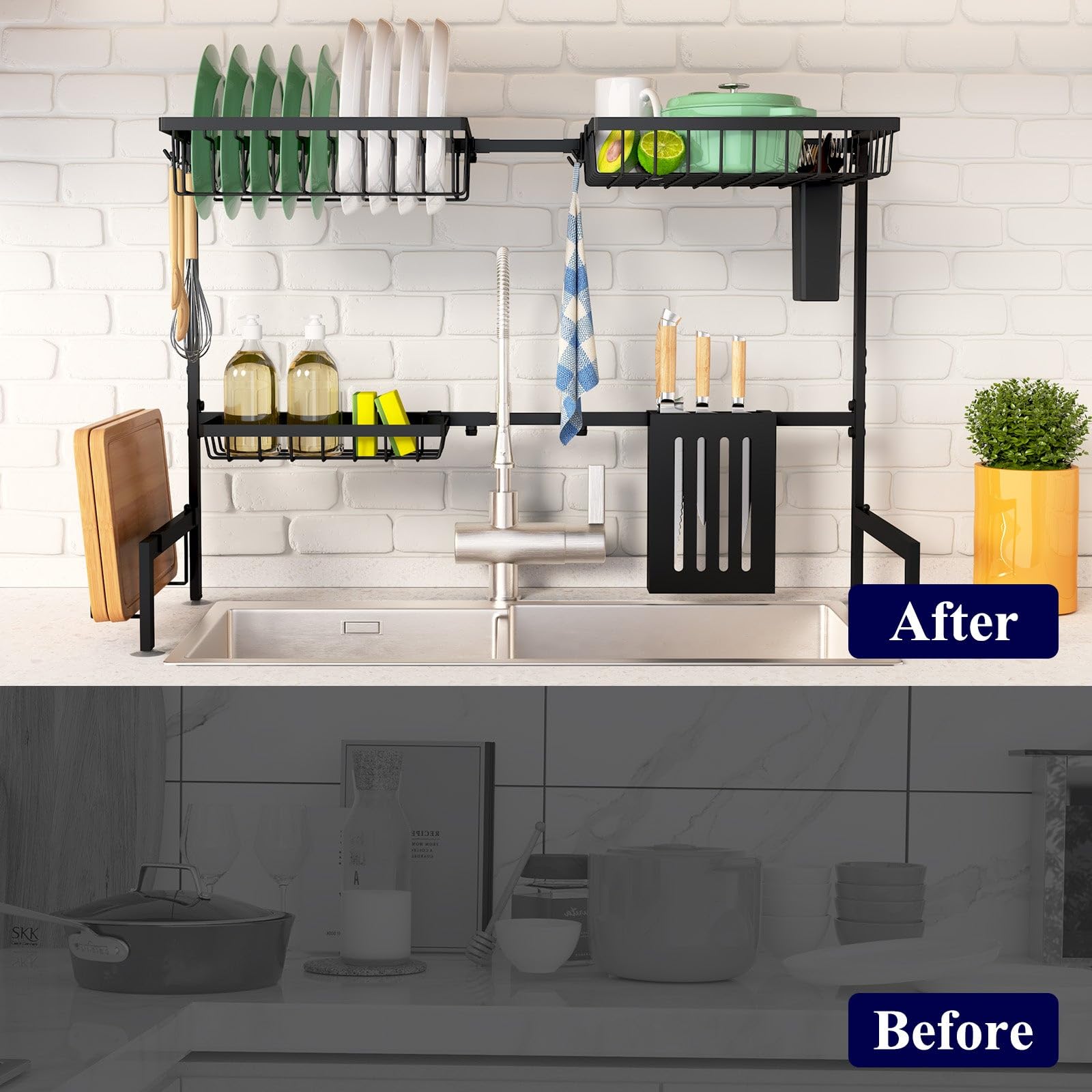 Kitsure Over The Sink Dish Drying Rack - 23.6" to 35"x21.2", Adjustable Sink Drying Rack for Kitchen Sink with Large Capacity, 2-Tier Dish Rack Over Sink with Multifunctional Baskets,Black