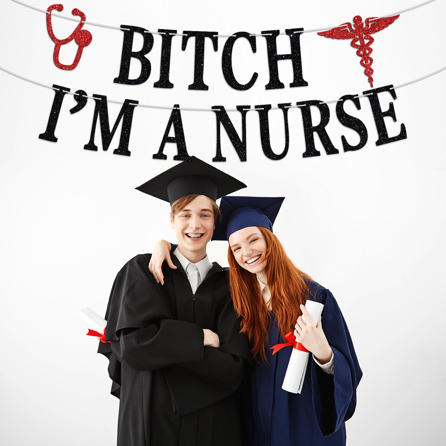 I'm a Nurse Banner - Congrats Nurse Grad/Nailed It/RN/BSN/NP- Nursing School Graduation Party Decorations Supplies, Black and Red Glitter